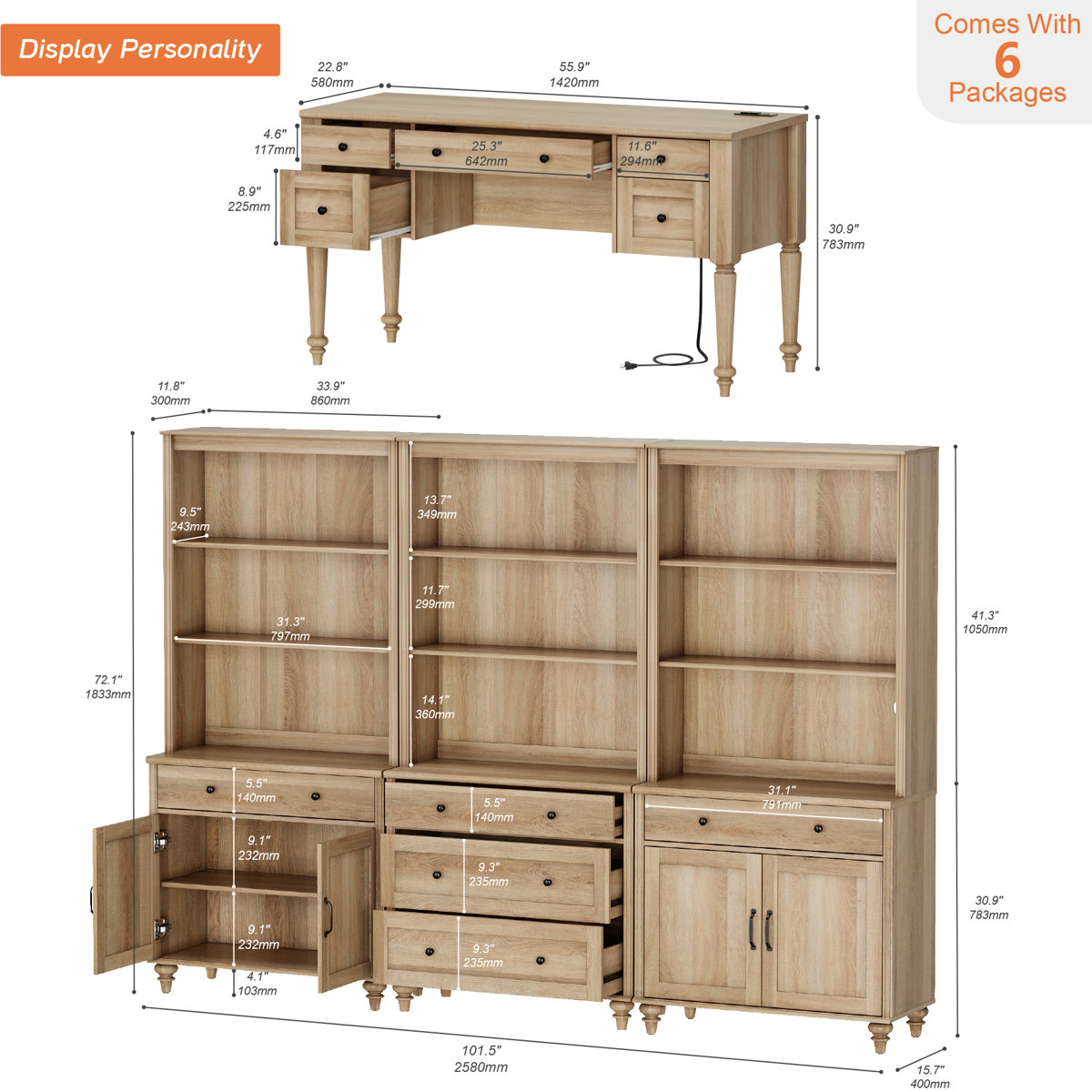 August Grove® 2 Piece Office Set, 56" Executive Desk, Bookcases With 5 Drawers And 2 Doors, Oak ...